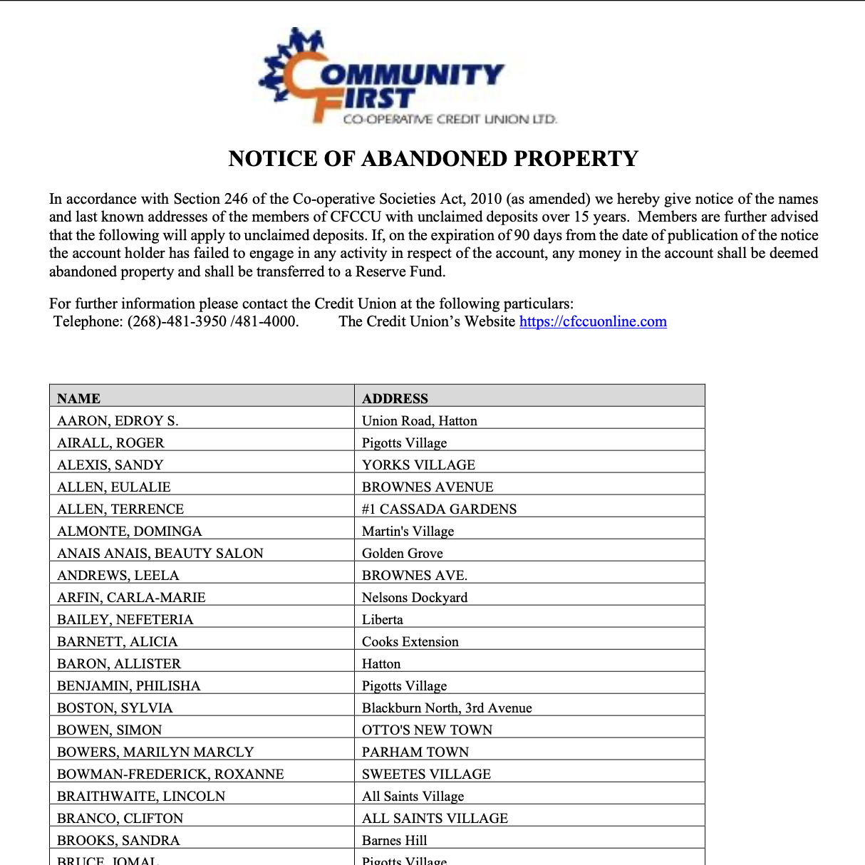 NOTICE OF ABANDONED PROPERTY | Community First Cooperative Credit Union ...